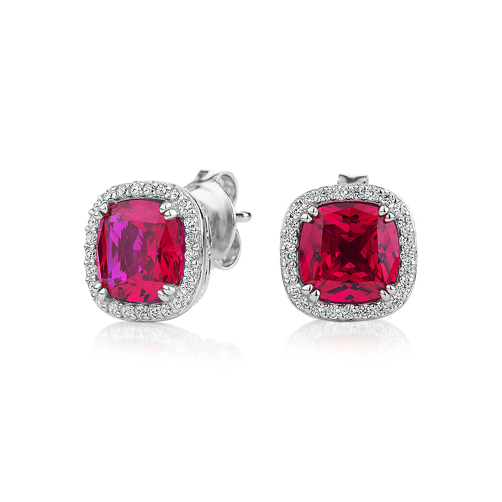 Cushion and Round Brilliant halo stud earrings with ruby simulants and – Secrets Shhh