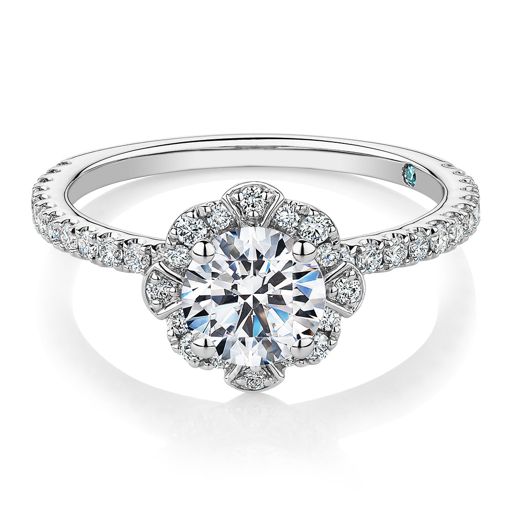 Premium Certified Lab Grown Diamond 1.40 carat TW round brilliant halo engagement ring in 14 carat white gold
